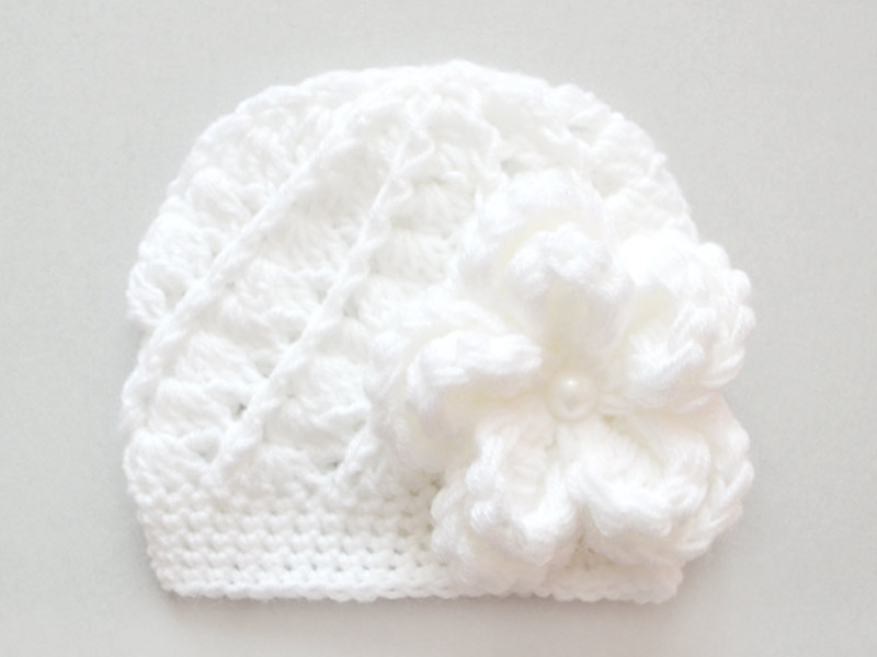 Interchangeable crochet flowers hat, White baby girl hat with three flowers